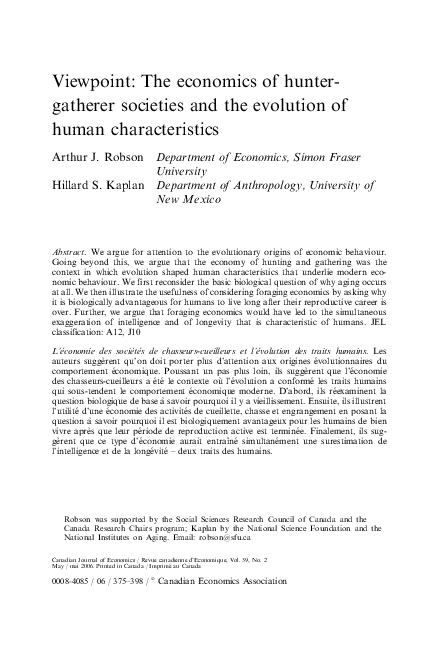 (PDF) Viewpoint: The economics of hunter‐gatherer societies and the ...