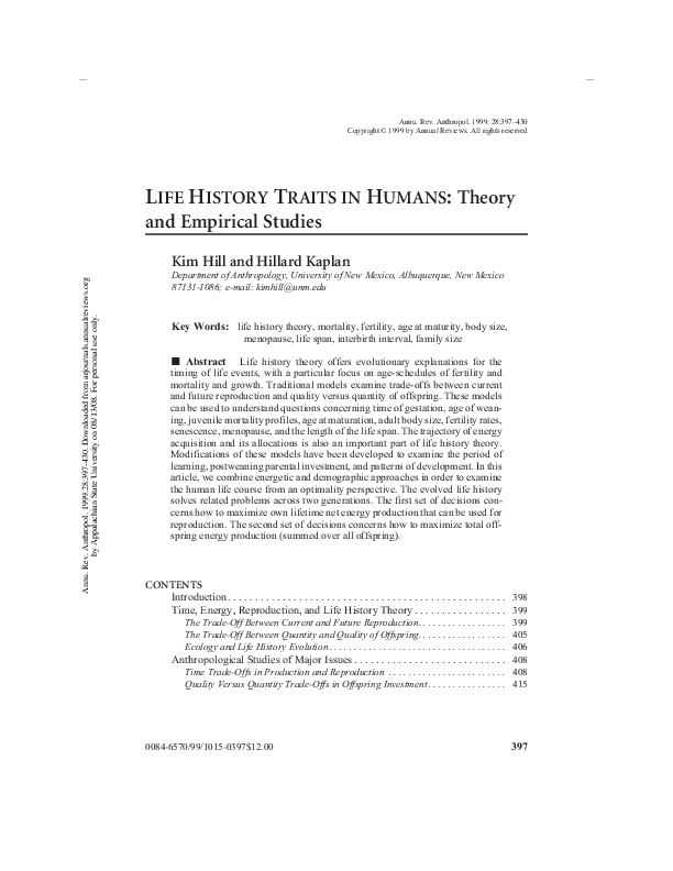 (PDF) Life history traits in humans: theory and empirical studies