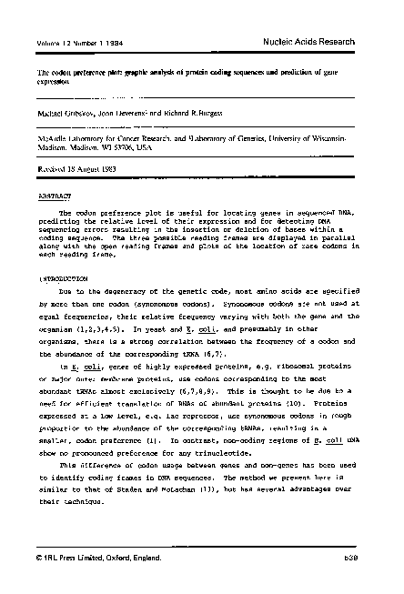 Pdf The Codon Preference Plot Graphic Analysis Of Protein Coding Sequences And Prediction Of