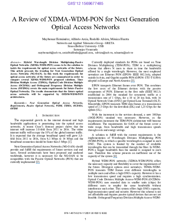 (PDF) A review of XDMA-WDM-PON for Next Generation Optical Access Networks