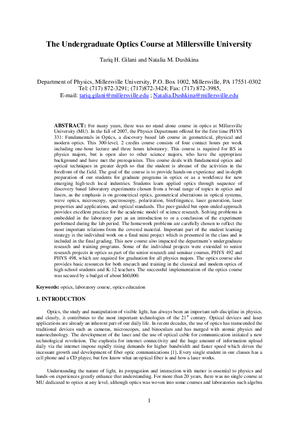 (PDF) The Undergraduate Optics Course at Millersville University