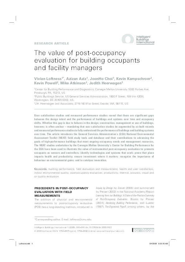 (PDF) The Value of Post-Occupancy Evaluation for Building Occupants and ...