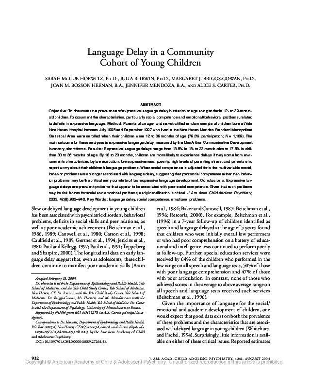 (PDF) Language Delay in a Community Cohort of Young Children