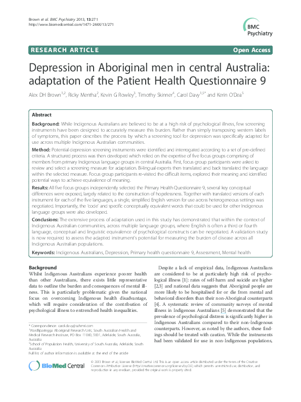 (PDF) Depression in Aboriginal men in central Australia: adaptation of ...