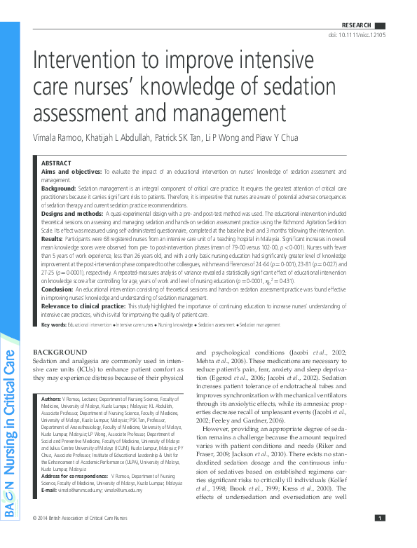 (PDF) Intervention to improve intensive care nurses' knowledge of ...