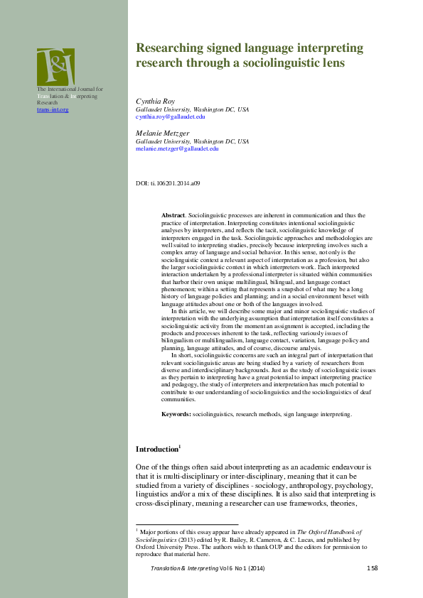 (PDF) Researching signed language interpreting through a sociolinguistic approach