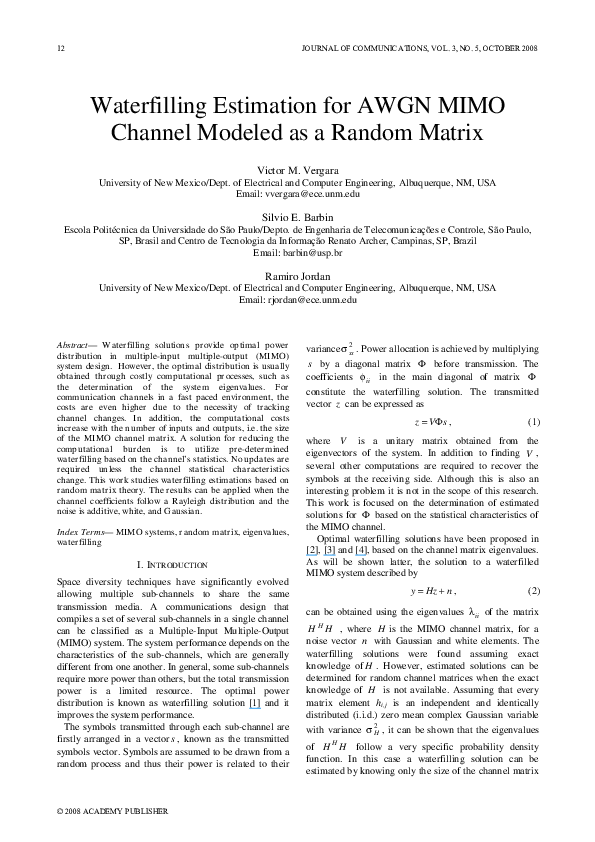 (PDF) Waterfilling Estimation for AWGN MIMO Channel Modeled as a Random Matrix