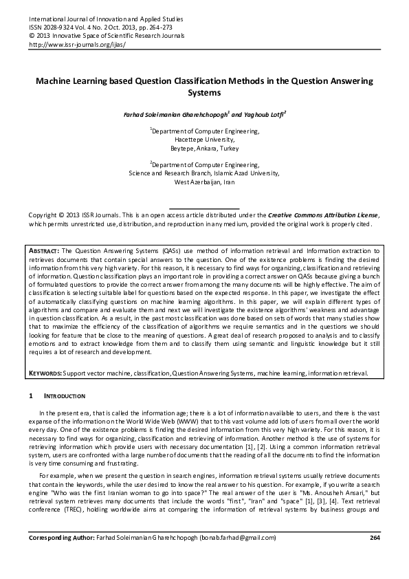 Pdf Machine Learning Based Question Classification Methods In The Question Answering Systems