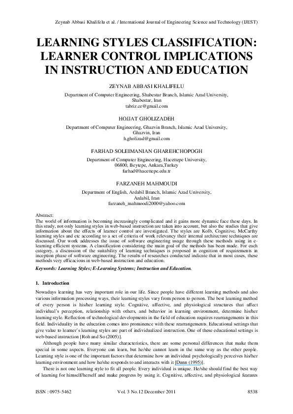 (PDF) Learning Styles Classification: Learner Control Implications in ...