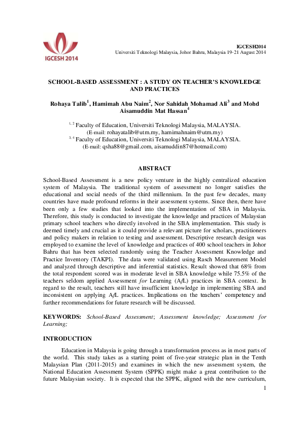(PDF) School-Based Assessment : A Study on Teacher's Knowledge and ...