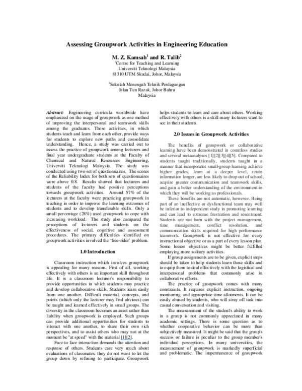 (PDF) Assessing groupwork activities in Engineering Education | rohaya talib - Academia.edu