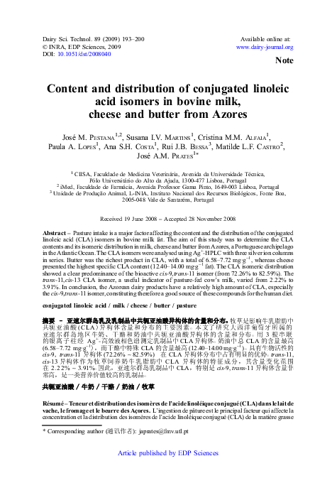 (PDF) Content and distribution of conjugated linoleic acid isomers in bovine milk, cheese and ...