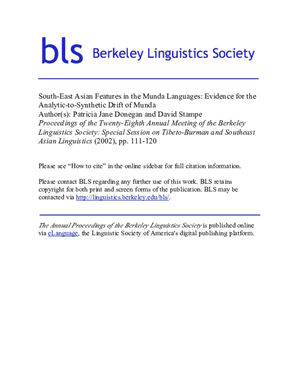 (PDF) South-East Asian Features in the Munda Languages: Evidence for ...