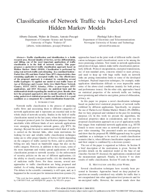 (PDF) Classification of network traffic via packet-level hidden Markov models