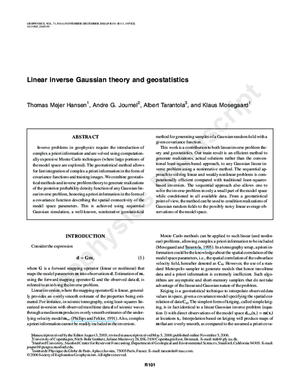Pdf Linear Inverse Gaussian Theory And Geostatistics