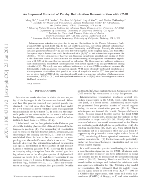 (PDF) An Improved Forecast of Patchy Reionization Reconstruction with CMB