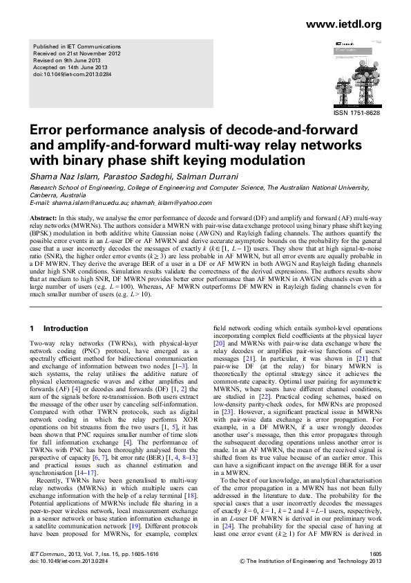 Pdf Error Performance Analysis Of Decode And Forward Based