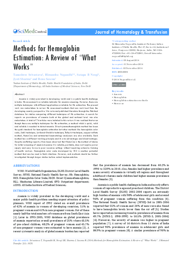 (PDF) Methods for Hemoglobin Estimation: A Review of “What Works”