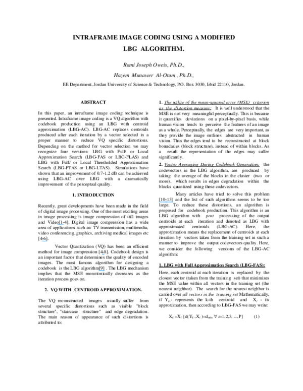 Pdf Intraframe Image Coding Using A Modified Lbg Algorithm