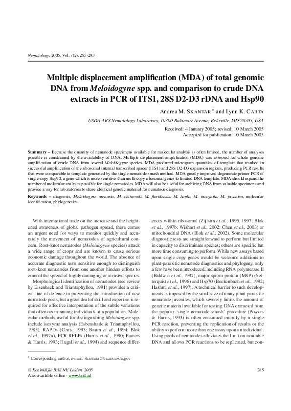 (PDF) Multiple displacement amplification (MDA) of total genomic DNA ...