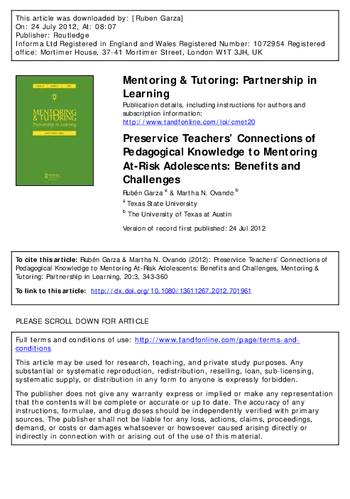 (PDF) Preservice Teachers’ Connections of Pedagogical Knowledge to Mentoring At-Risk Adolescents ...