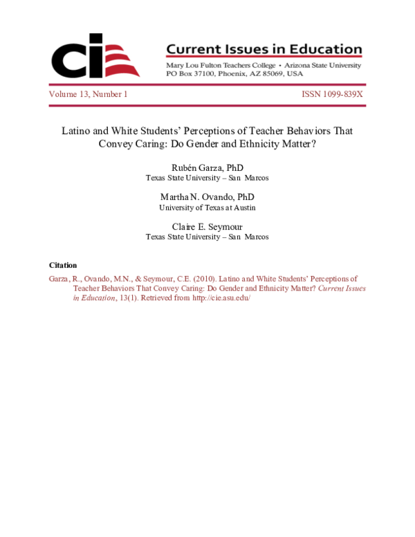 (PDF) Latino and White Students' Perceptions of Teacher Behaviors that Convey Caring: Do Gender ...
