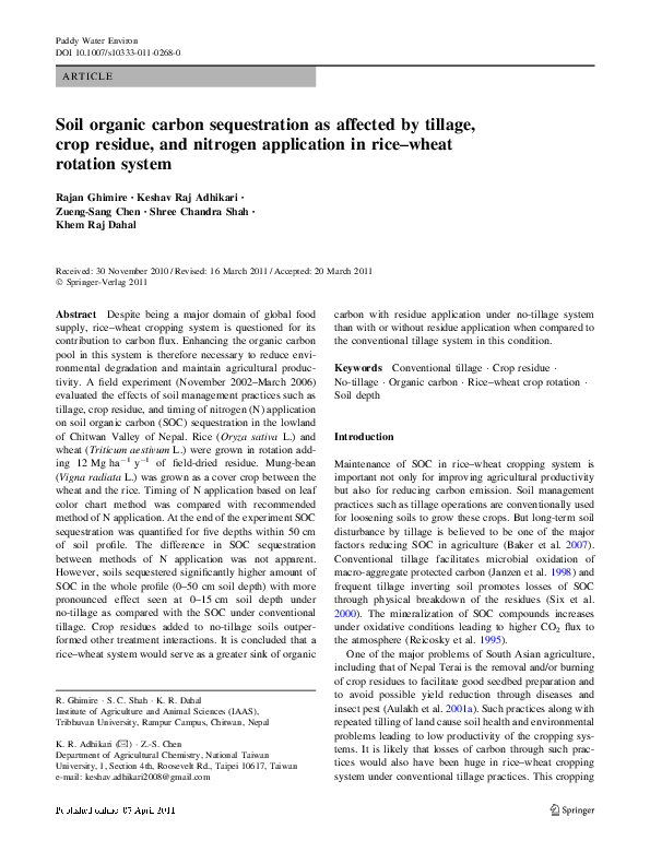(PDF) Soil organic carbon sequestration as affected by tillage, crop residue, and nitrogen ...