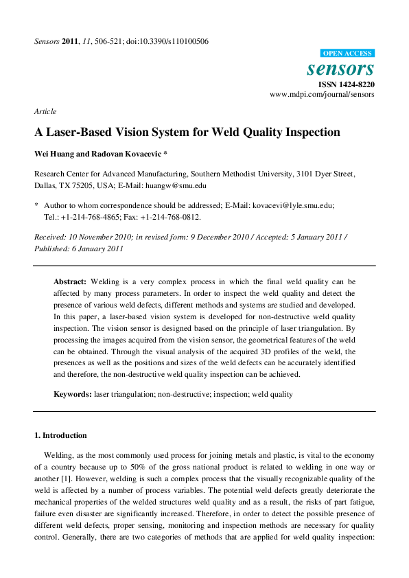 (PDF) A laser-based vision system for weld quality inspection