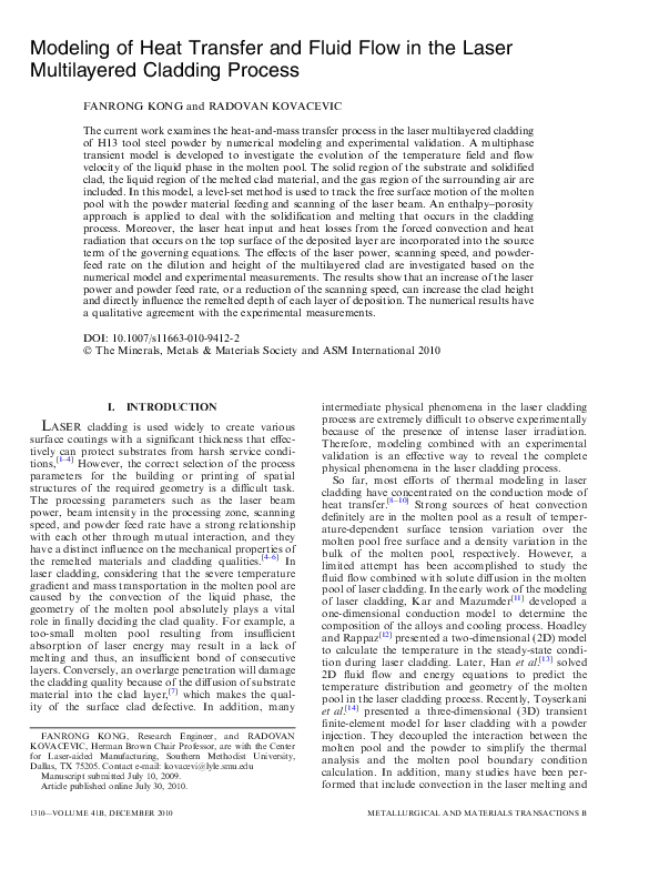 Pdf Modeling Of Heat Transfer And Fluid Flow In The Laser Multilayered Cladding Process