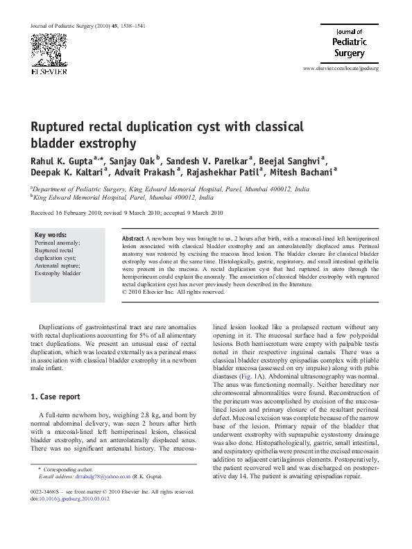 (PDF) Ruptured rectal duplication cyst with classical bladder exstrophy
