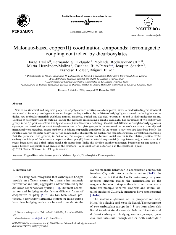 (PDF) Malonate-based copper(II) coordination compounds: ferromagnetic ...
