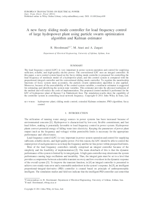 (PDF) A new fuzzy sliding mode controller for load frequency control of large hydropower plant ...