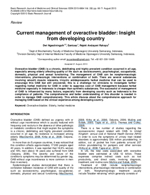 (PDF) Current management of overactive bladder: Insight from developing ...