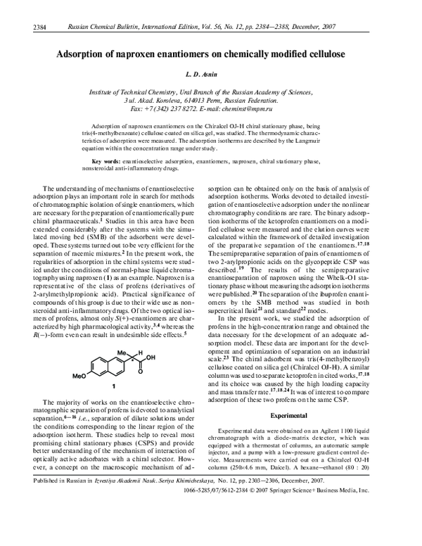 (PDF) Adsorption of naproxen enantiomers on chemically modified cellulose | Leonid Asnin ...