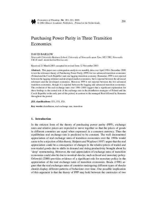 (PDF) Purchasing Power Parity in Three Transition Economies
