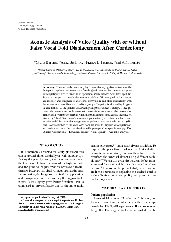 (PDF) Acoustic analysis of voice quality with or without false vocal ...