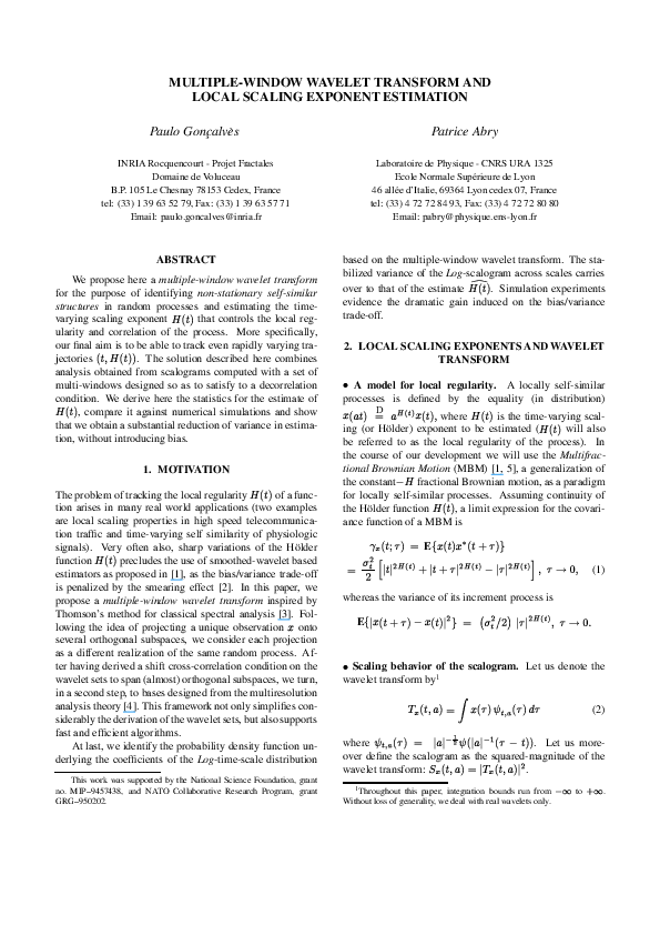 Pdf Multiple Window Wavelet Transform And Local Scaling Exponent