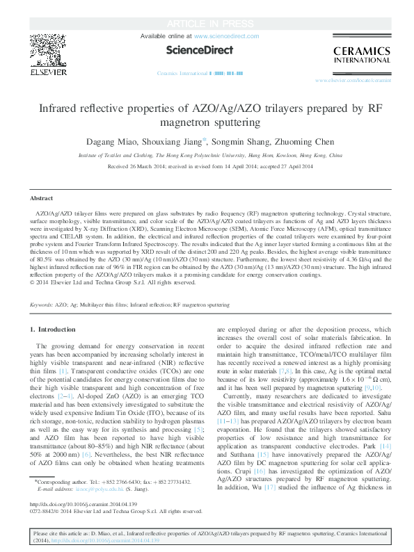(PDF) Infrared reflective properties of AZO/Ag/AZO trilayers prepared ...