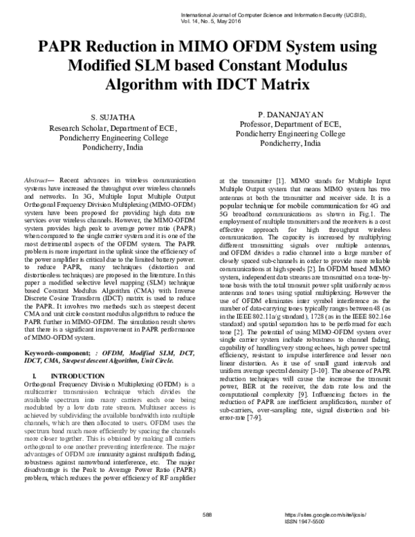 Pdf Papr Reduction In Mimo Ofdm System Using Modified Slm Based Constant Modulus Algorithm
