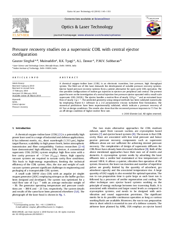 (PDF) Pressure Recovery Studies on a Supersonic COIL With Central ...