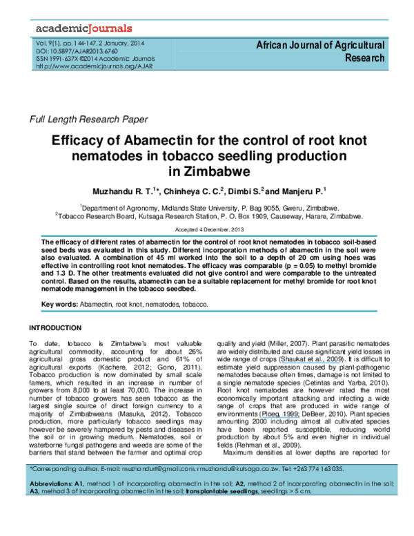 (PDF) Efficacy of Abamectin for the control of root knot nematodes in tobacco seedling ...