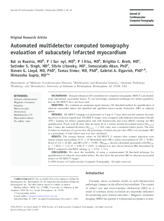 (PDF) Automated multidetector computed tomography evaluation of subacutely infarcted myocardium