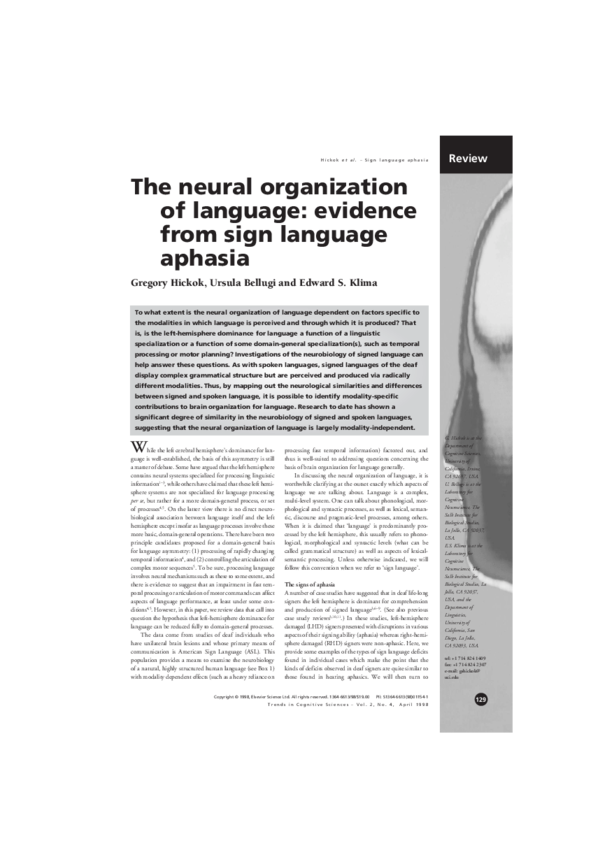 (PDF) The neural organization of language: evidence from sign language ...