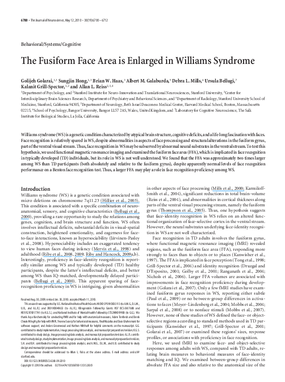 (PDF) The Fusiform Face Area is Enlarged in Williams Syndrome