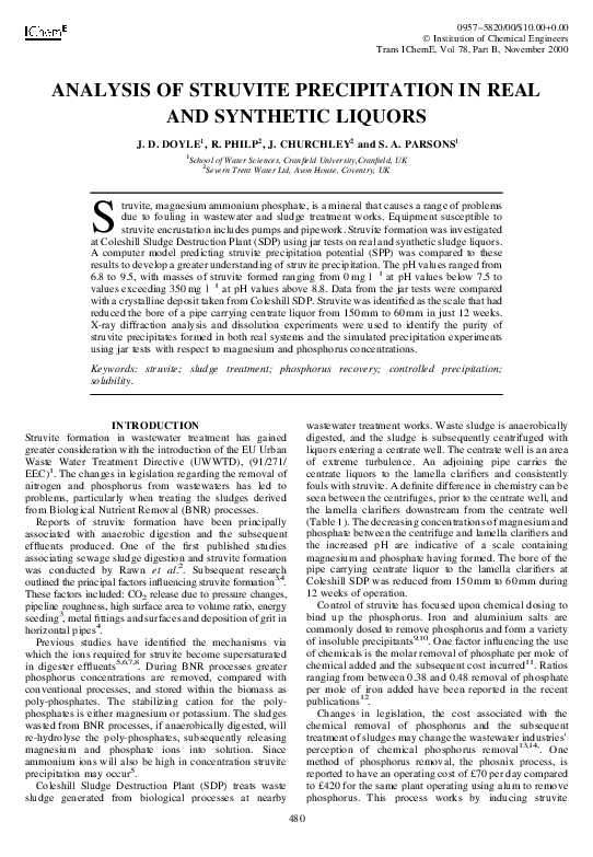 (PDF) Analysis of Struvite Precipitation in Real and Synthetic Liquors