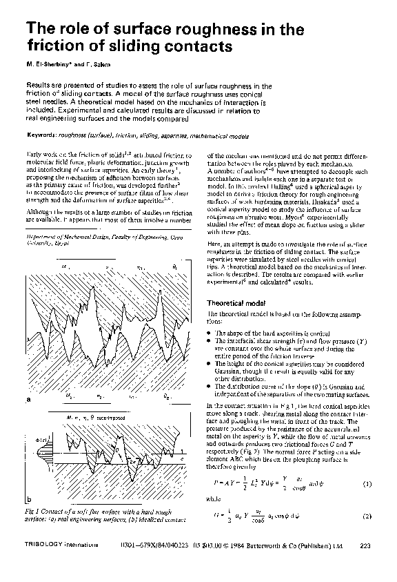 (PDF) The role of surface roughness in the friction of sliding contacts