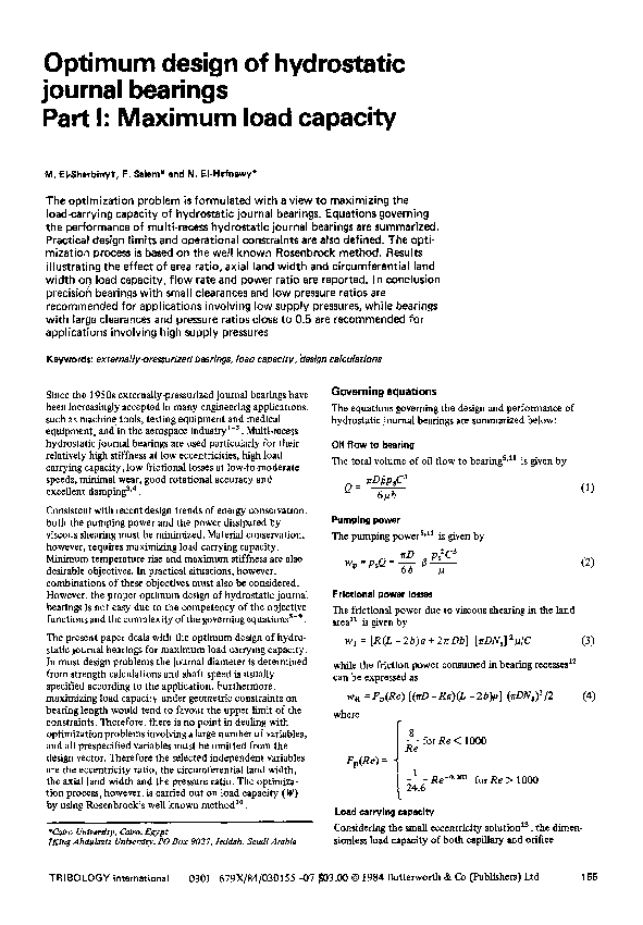 (PDF) Optimum design of hydrostatic journal bearings Part I: Maximum ... (PDF) Optimum design of hydrostatic journal bearings Part I: Maximum ...