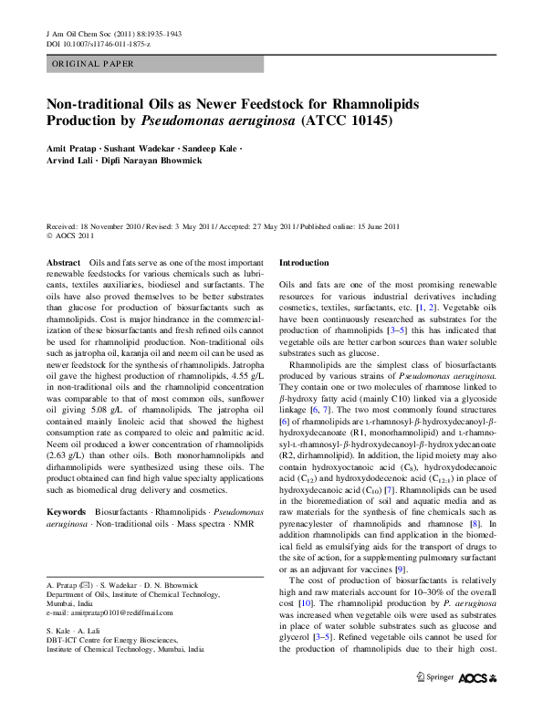 (PDF) Non-traditional Oils as Newer Feedstock for Rhamnolipids ...