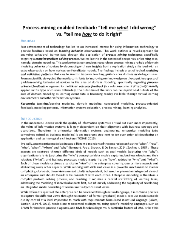 (PDF) Process-mining enabled feedback: “Tell me what I did wrong” vs. “tell me how to do it ...