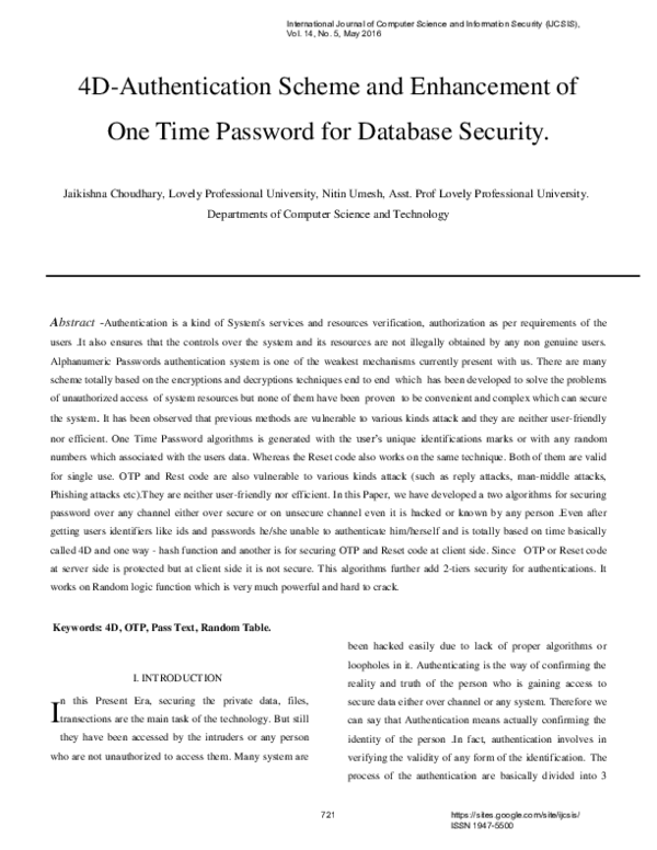 4D-Authentication Scheme and Enhancement of One Time Password for Database Security